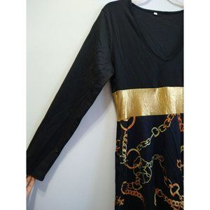 Rosewe | Dresses | Modest Black And Gold Chain Midi Dress With Pockets ...